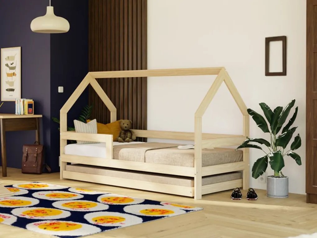 Benlemi Dětská dřevěná postel domeček SAFE 3v1 se zábranou a přistýlkou Zvolte barvu: Béžová, Zvolte rozměr: 90x180 cm, Zvolte zábranu: S otevřeným vstupem