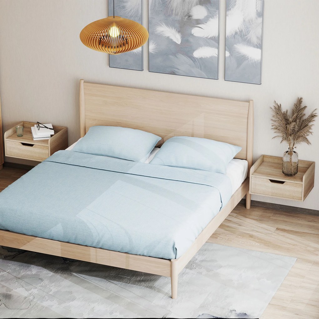 HOMCOM set 2 nástěnných nočních stolků, závěsné noční stolky s 1 zásuvkou do ložnice, 40x30x19,5 cm, přírodní