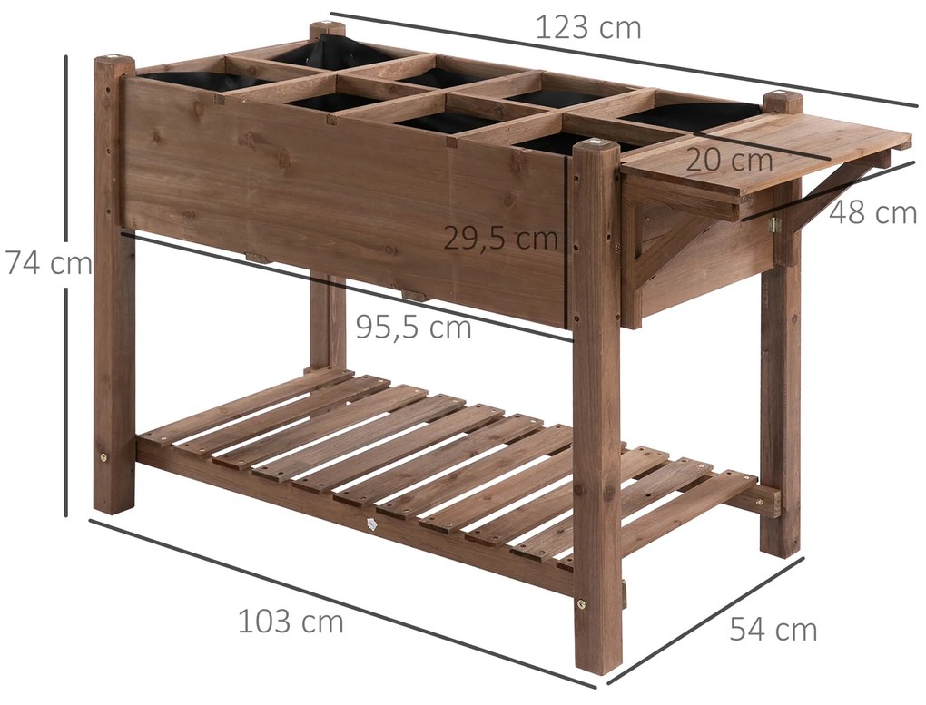 Vyvýšený záhonový truhlík Outsunny 123x54x74cm s 8 rošty a skládací policí z masivního dřeva v hnědé barvě pro zahradu a terasu | Aosom.de