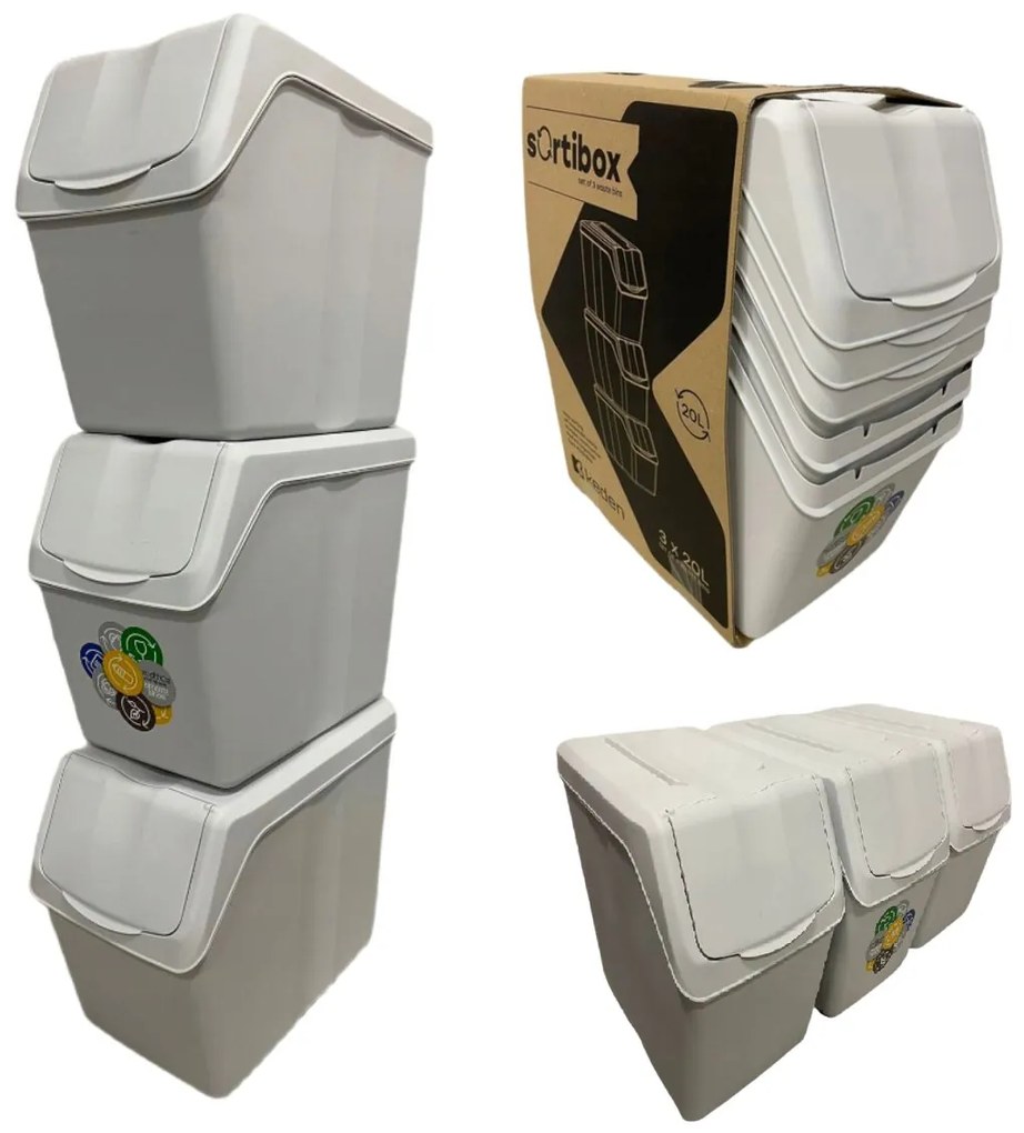 PROSPERPLAST Sada 3 odpadkových košů SORTIBOX popělavě šedý - 3x20L