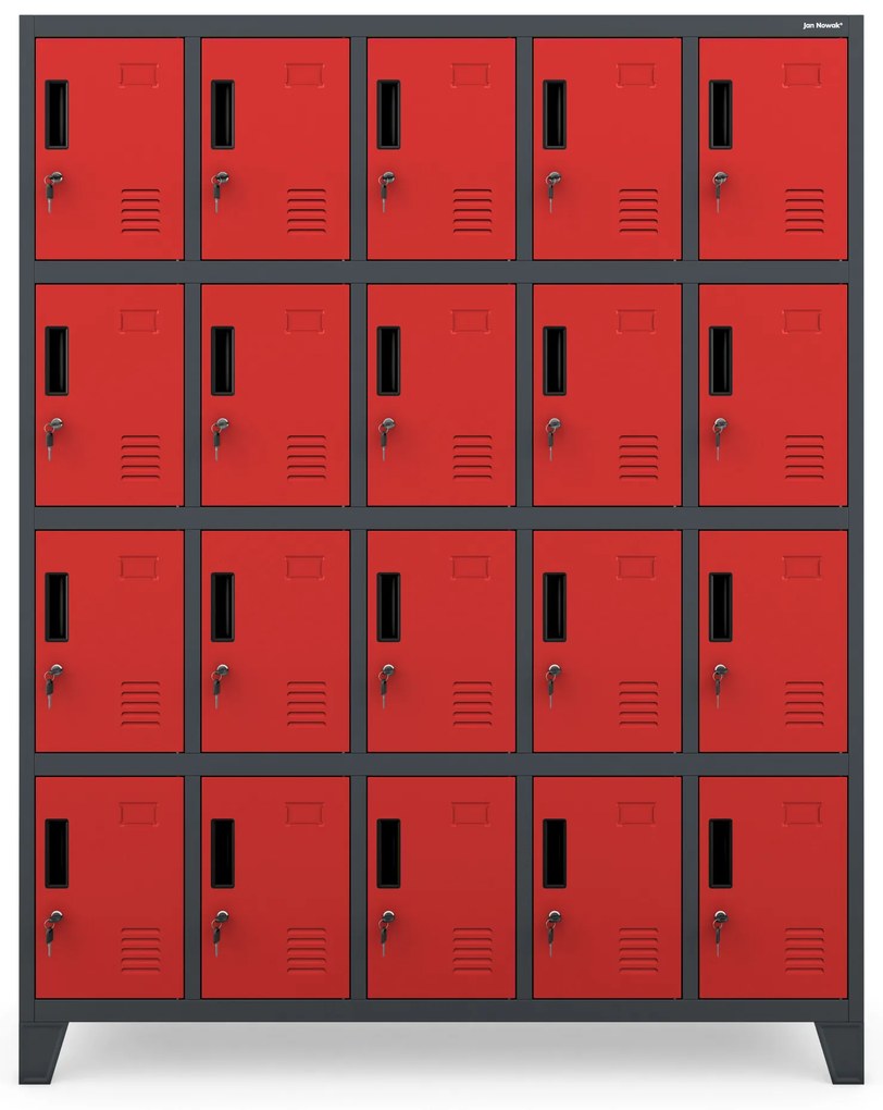 Šatní skříň s 20 uzamykatelnými boxy, antracit/červená, 1360x1720x450 mm: ROBERT