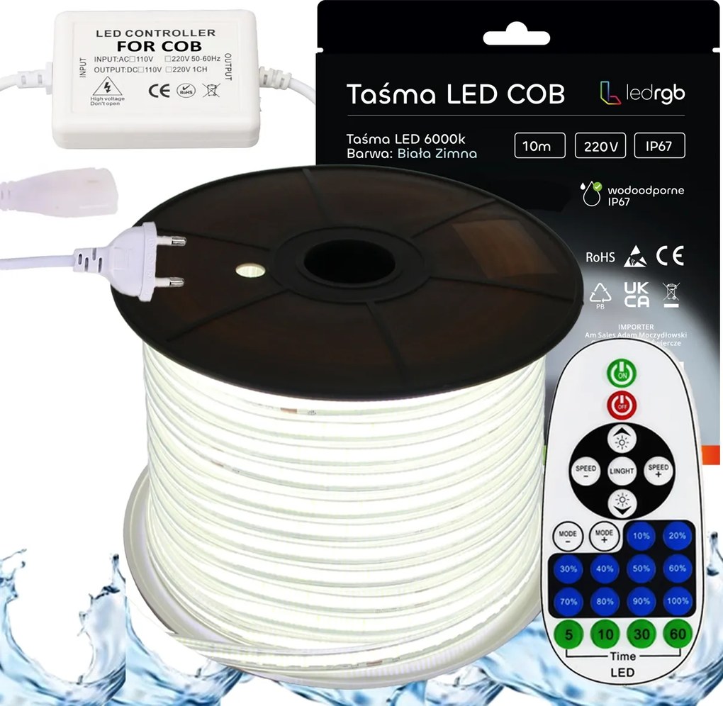 Set Led pásek Cob 230V 10 m 6000K Bílý Studený Napájecí Zdroj Ovladač Dálkový Ovladač Ir