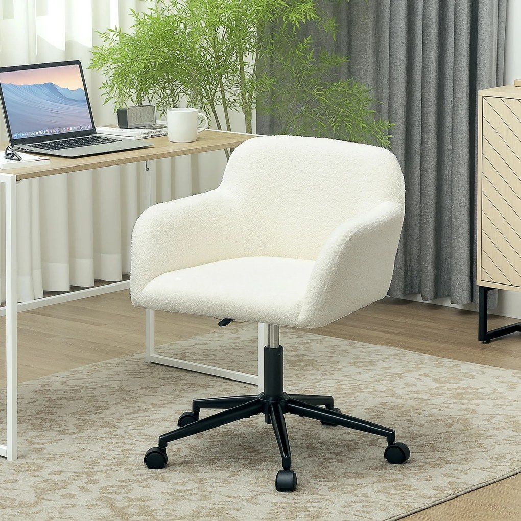 HOMCOM Otočná kancelářská židle na kolečkách, židle ke stolu, fleecová látka, pěna, výškově nastavitelná, home office, krémově bílá