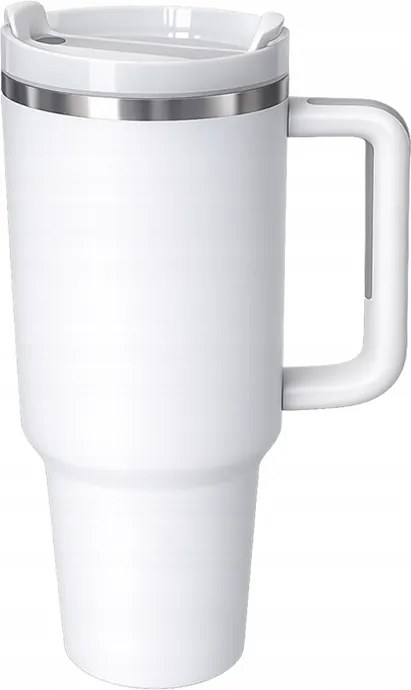 VERK Velký nerezový termohrnek se slámkou a držadlem – 1,2 l - bílý
