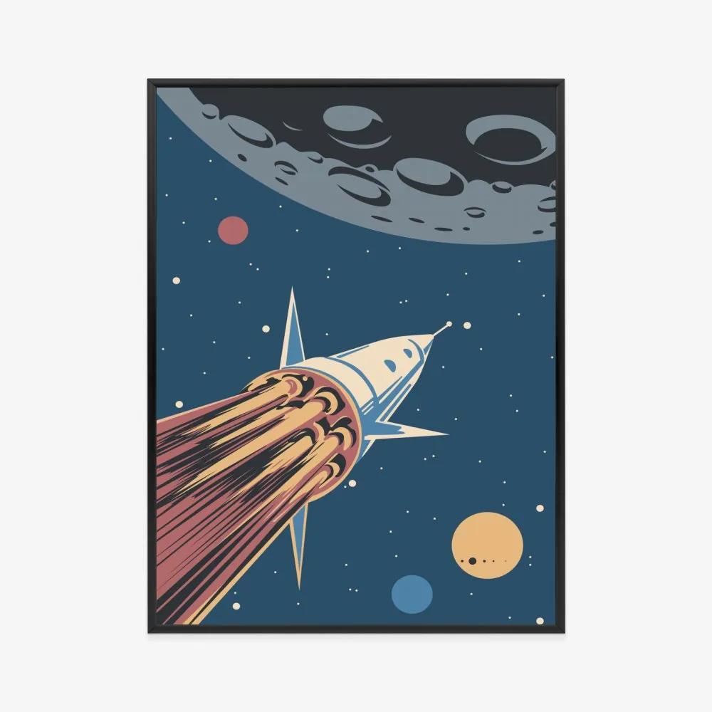 Plakát Vesmírná Raketa A Planety V Retro Stylu Rám Hliník Barva Černá Černá Hliník Plakátový papír 70x100