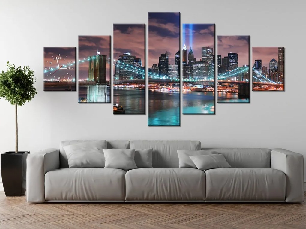Gario Obraz s hodinami Panorama Manhattanu - 7 dílný Rozměry: 210 x 100 cm
