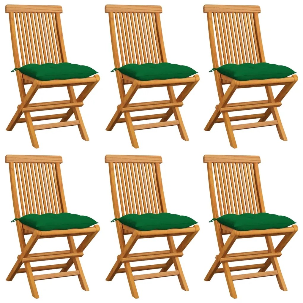 3065610 vidaXL Zahradní židle se zelenými poduškami 6 ks masivní teak