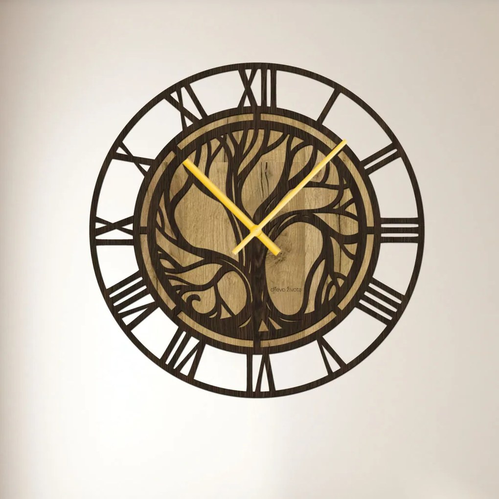 dřevo života Nástěnné hodiny STROM ČASU Zvolte barvu dekoru: Buk, Zvolte velikost hodin (cm): 50x50, Barva ručiček: Černé