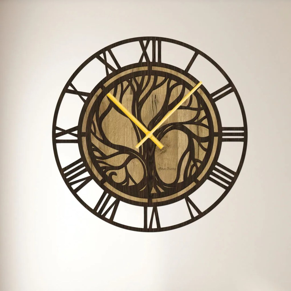 dřevo života Nástěnné hodiny STROM ČASU Zvolte barvu dekoru: Wenge-Dub zlatý, Velikost hodin: 40x40, Barva ručiček: Zlaté
