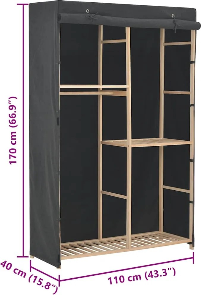 Šatní skříň se 3 policemi šedá 110 x 40 x 170 cm textil 248188