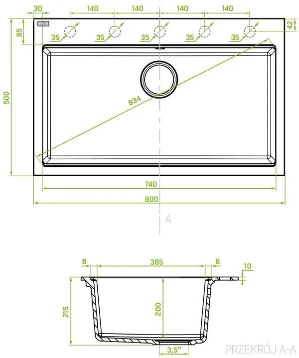 Laveo Tau, 1-komorový granitový dřez 800x500x215 mm, šedá, LAV-SBT_5108