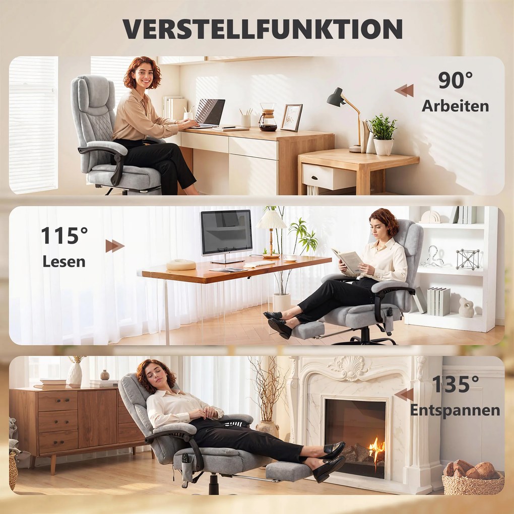 HOMCOM kancelářské křeslo s masáží — ergonomické polohovatelné vyhřívané manažerské křeslo se širokým sedákem, vzhled sametu, výškově nastavitelné, s…