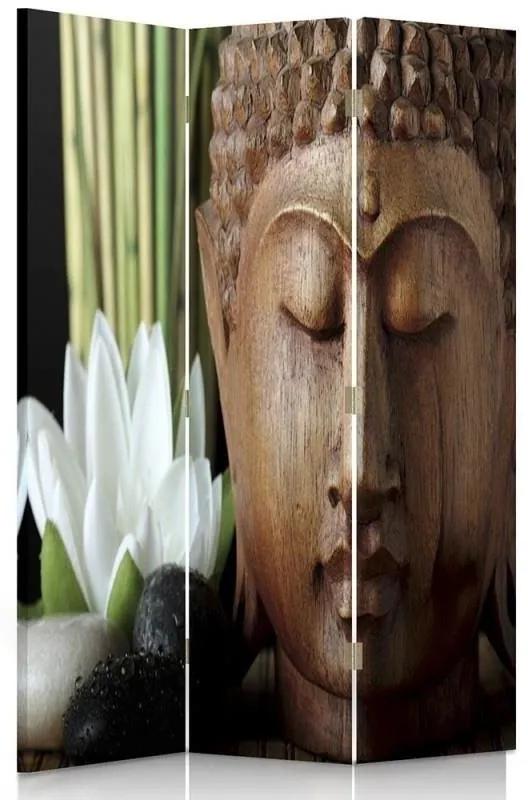 Ozdobný paraván Buddha Bambusové květiny - 110x170 cm, třídílný, obustranný paraván 360°