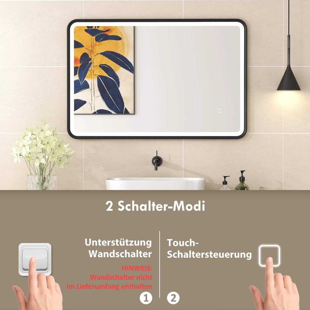 HOMCOM 90 x 60 cm LED koupelnové zrcadlo, světla, 3 barvy, stmívatelné, paměťová funkce, horizontálně a vertikálně, černé