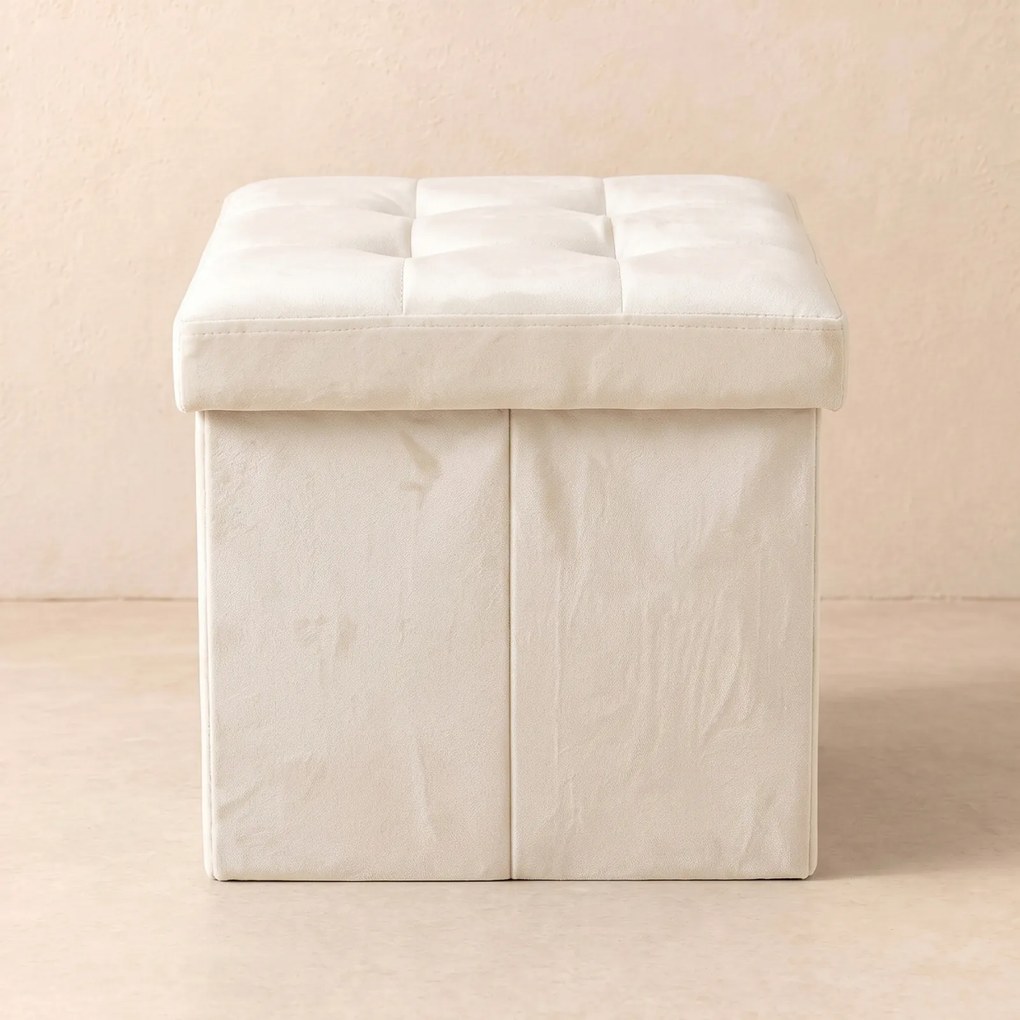 Puf s úložným prostorem, sametový, skládací, 38 × 38 × 38 cm, béžový