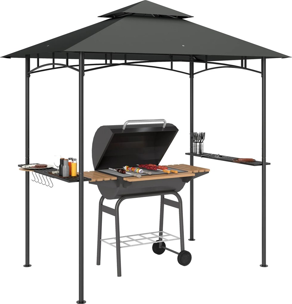 Outsunny BBQ pavilon s LED 240 x 150 x 258 cm, voděodolný a ohnivzdorný zahradní pavilon s dvouvrstvou střechou, bočními policemi, zahradní pergola s