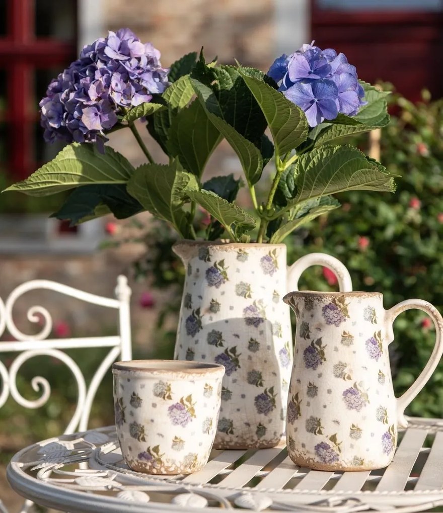 Béžový keramický džbán s květy hortenzie Lilla L - 21*15*23 cm