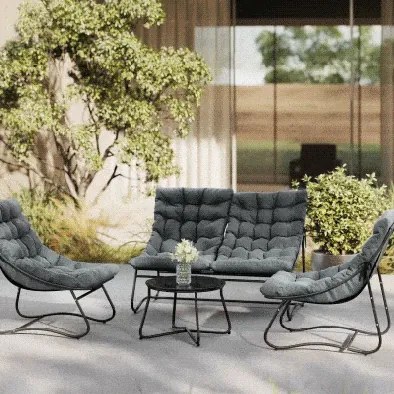 Outsunny 4dílná zahradní lounge souprava s 8 cm tlustými polštáři, venkovní nábytek z oceli a prodyšného textilenu, šedá