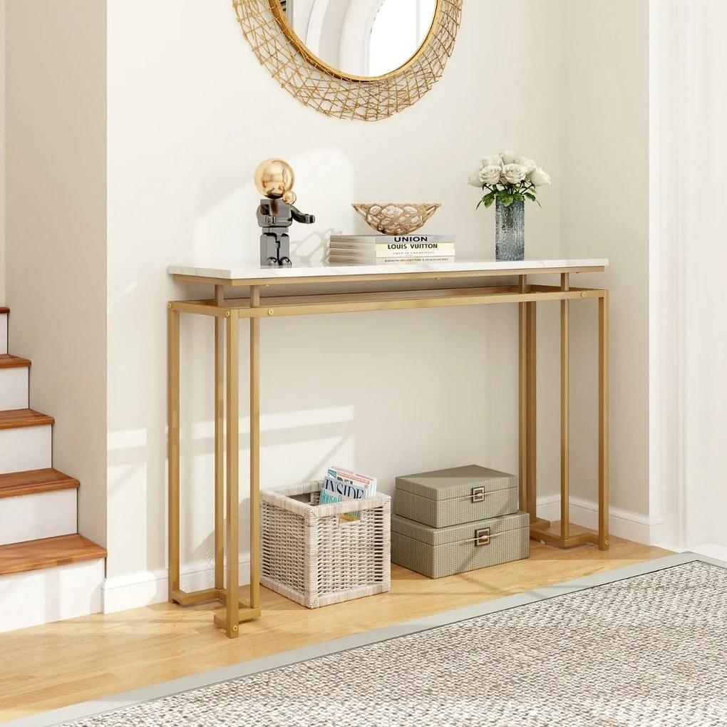 Costway 120 cm konzolový stůl s deskou z umělého mramoru a geometrickým kovovým