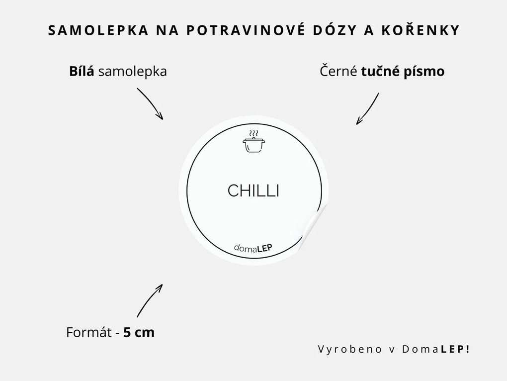 CHILLI - omyvatelná samolepka na kořenky, výběr rozměrů Ø 5 cm / 5 x 5 cm / 6 x 8 cm | DomaLEP tvar: OBDÉLNÍK, barva: BÍLÁ - ČERNÉ písmo, velikost: š. 6 cm x v. 8 cm – základní písmo