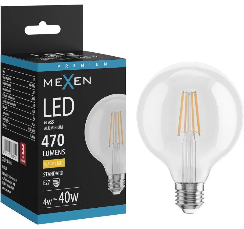 Mexen Vintis, LED žárovka E27, G95, 4W, Teplá - 2700K, 470 lm, čirá - L157-E27-0427-00