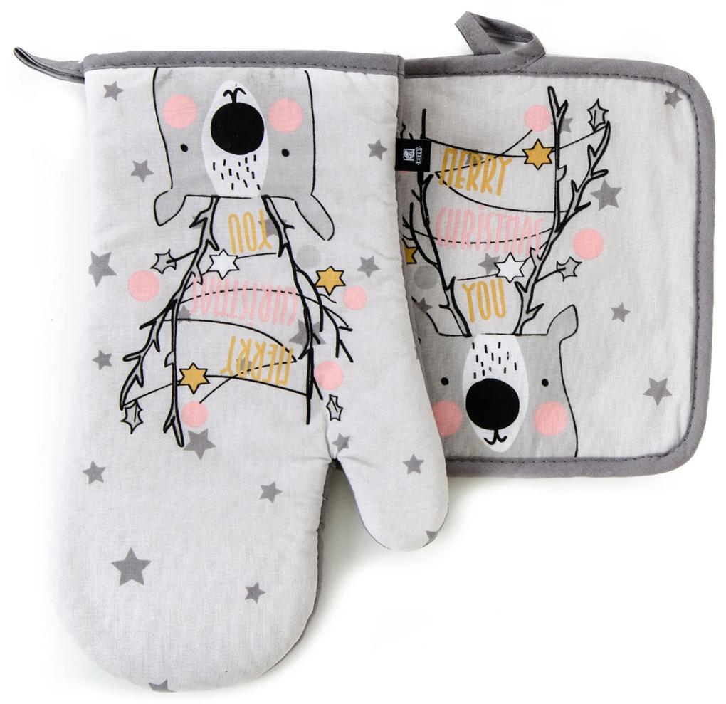 Vánoční kuchyňský set vánoční rukavice/chňapka WINTER JOY jelen, světle šedá 18x30 cm/20X20 cm 100% bavlna