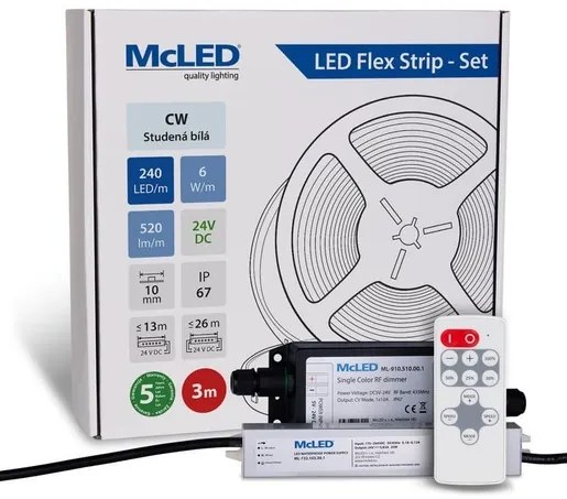McLED LED pásek - sada 3 m + Přijímač Nano IP67, 240 LED/m, CW, 6 W/m, DC 24V, 520 lm/m, CRI90, IP67, 10 mm, vodič 3 m ML-126.032.90.S03002