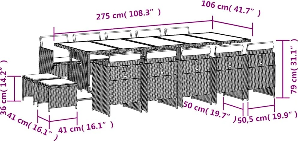 15dílný zahradní jídelní set s poduškami černý polyratan 3210630