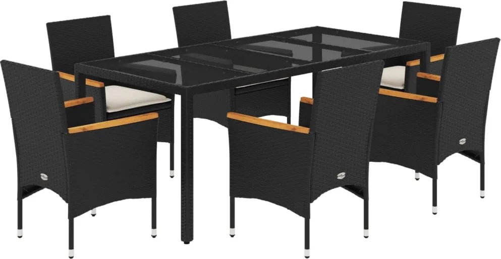 7dílný zahradní jídelní set s poduškami černý polyratan a sklo 3278649