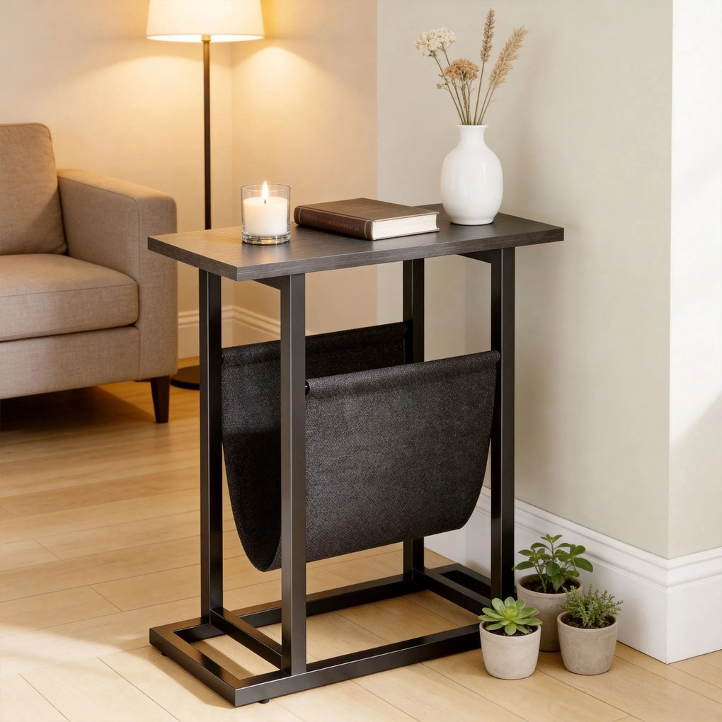 HOMCOM odkládací stolek/noční stolek s látkovou kapsou, ocelový rám — 49 × 19 × 55 cm, černý
