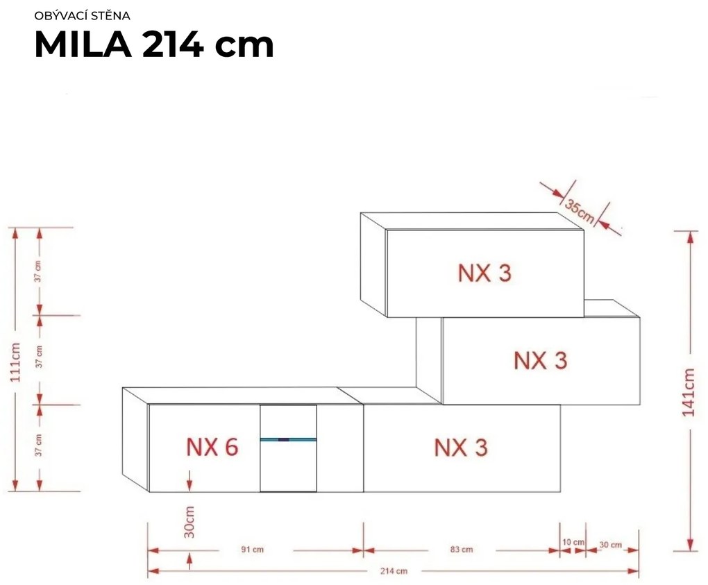Ral Obývací stěna MILA, 214 cm - Bílý lesk
