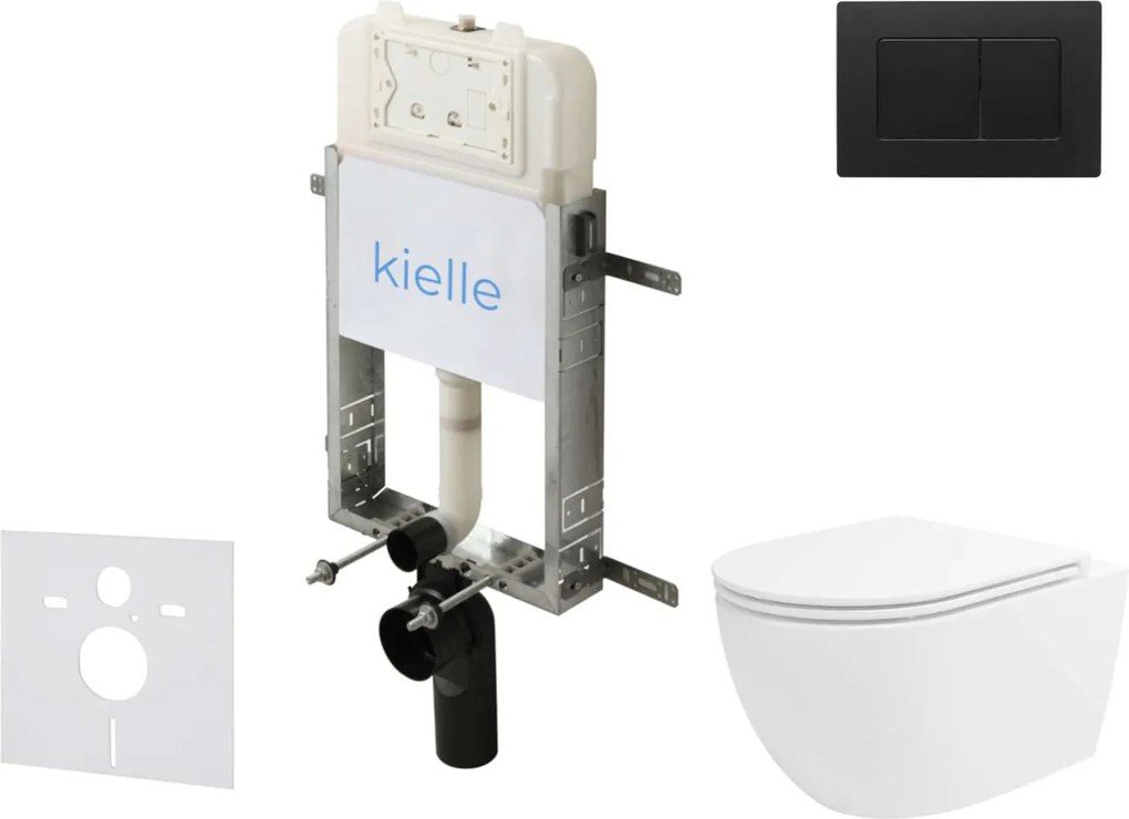 kielle Genesis New - Set předstěnové instalace, klozetu Oudee, Vortex Rimless+, sedátka softclose a tlačítka Gemini New III, matná černá 30528SZ36