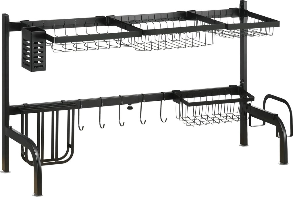HOMCOM Sušák na nádobí, dvouúrovňový stojan na sušení nádobí, 51-93 cm s háčky, odkapávač pro kuchyňský dřez, nerezová ocel, černý | Aosom
