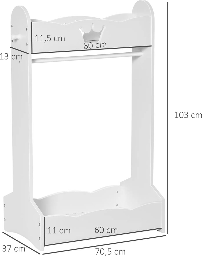 HOMCOM Dětský věšák na kabáty s policemi a bočními háčky, Dřevěný nábytek do dětského pokoje, 70,5x37x103cm, Bílý