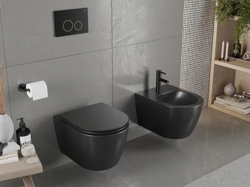 Mexen Carmen závěsné wc Rimless s toaletním Slim sedátkem z duroplastu, černá matná - 30881085