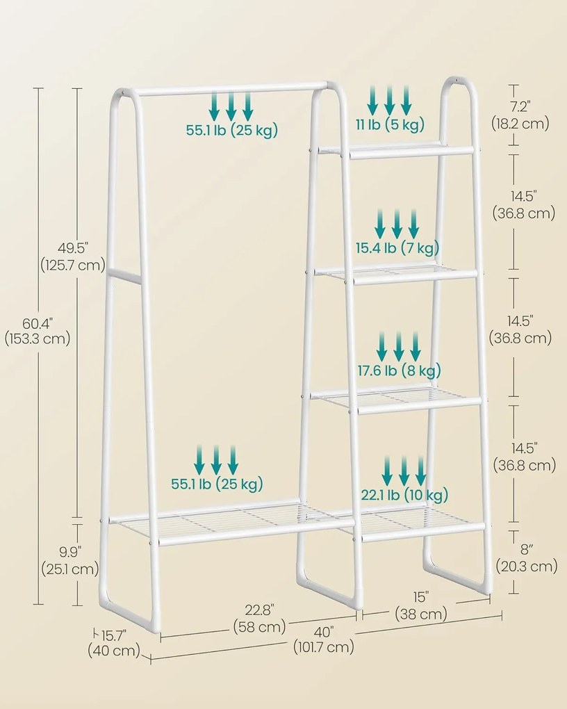 SONGMICS stojan na oblečení, s tyčí na oblečení a 5 úložnými policemi 40×101×153 cm, bílý