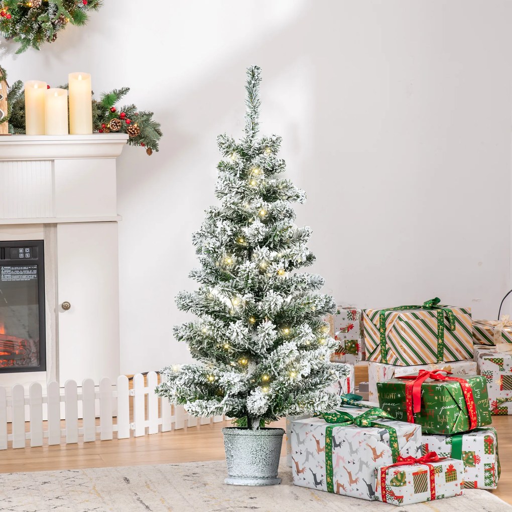 HOMCOM Mini vánoční stromek Ø40x90 cm, umělý sníh, 60 LED, nehořlavý, plast, zelená/bílá