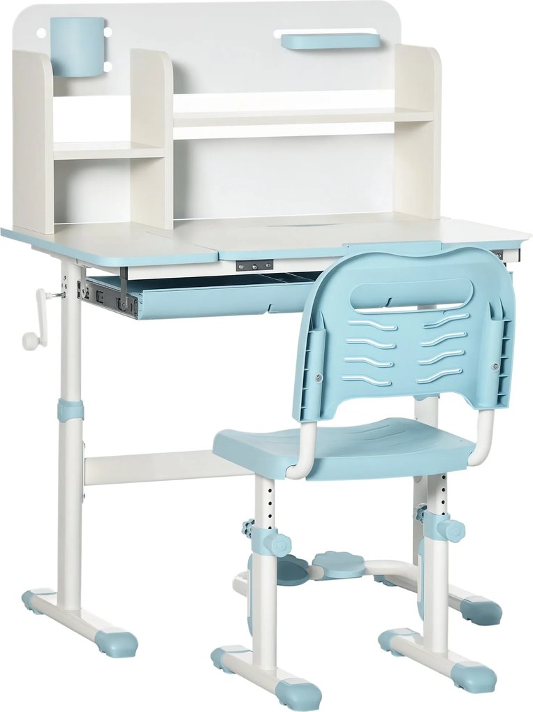 HOMCOM Dětský stůl a židlička pro děti od 3 let s nastavitelnou výškou, sklápěcí deskou, zásuvkou a policí 80x52x88-109 cm a 35,5x44,5x66-80 cm Modrá