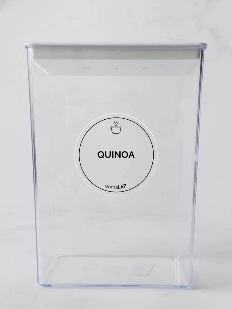 QUINOA – průhledná samolepka na dózu, tučné písmo, 5 cm | DomaLEP