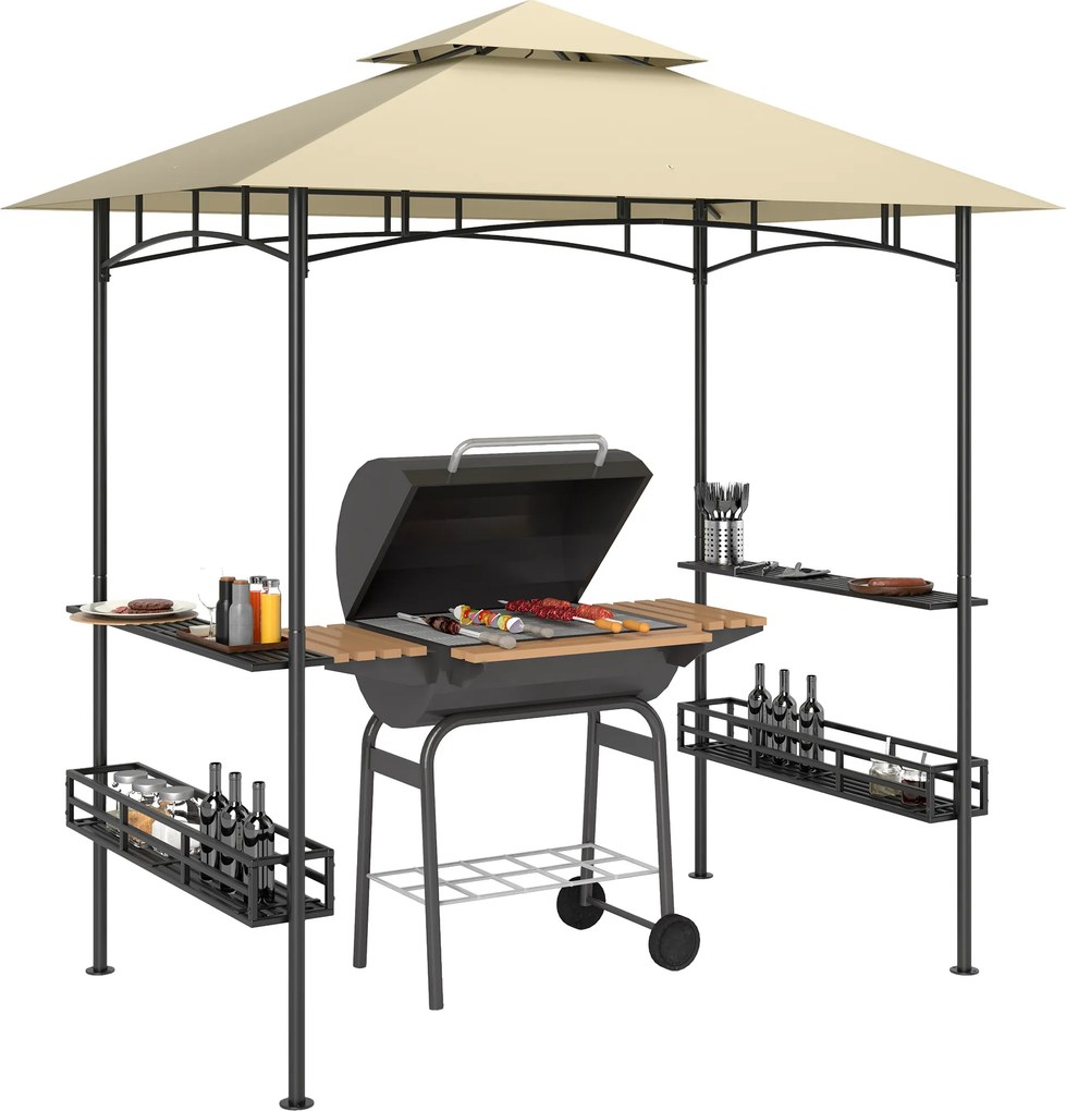 Outsunny Gril stan, BBQ stan, zahradní pavilon se 2 policemi, úložnými koši, háčky, na terasu, béžový