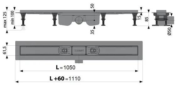 Alcadrain Optimal Podlahový žlab 105 cm s okrajem pro perforovaný rošt nebo vložení dlažby APZ12-1050