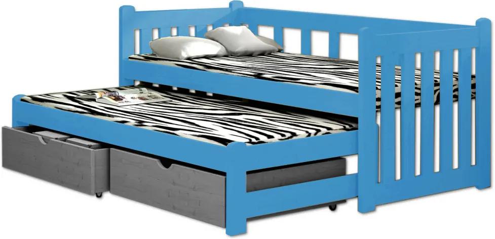 Dětská postel s přistýlkou IZABELA vč. roštů, úložných prostor a matrací Rozměr: 200x90, Barva: Modrá