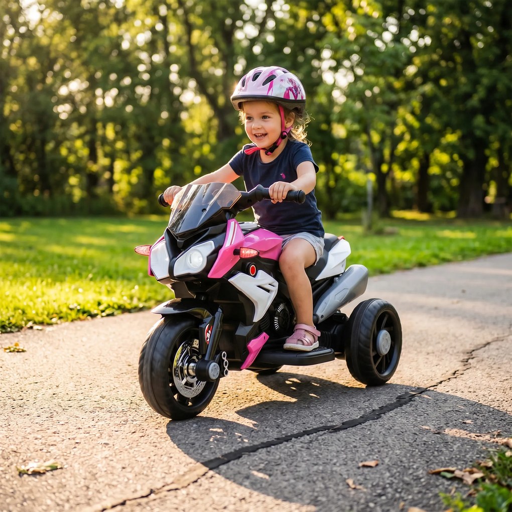 HOMCOM Elektrická dětská motorka, světla a zvuky, 3 km/h, dobíjecí, plast a kov, růžová/bílá