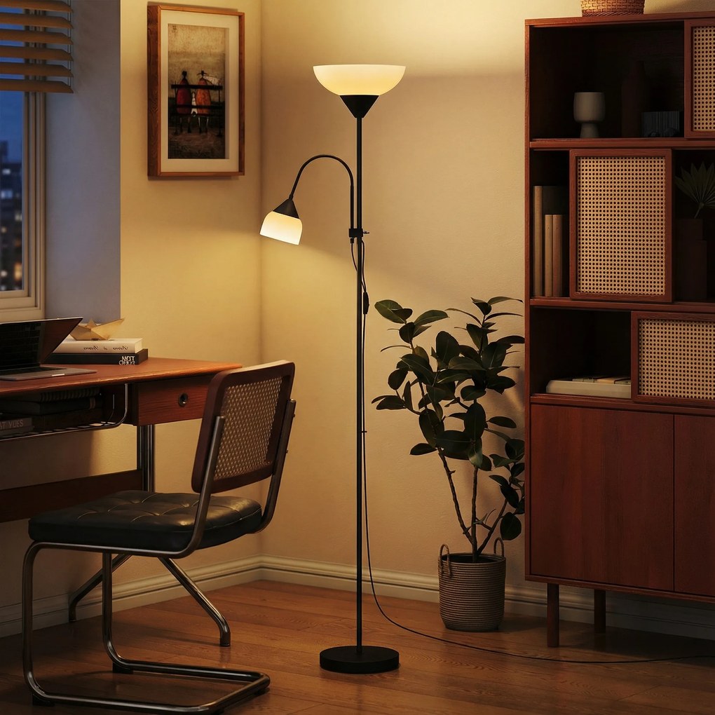 HOMCOM Stojací lampa s reflektorem, lampa matky a dítěte, vysoká lampa se 3 barevnými teplotami a flexibilním husím krkem, černá