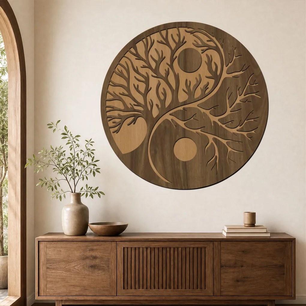 dřevo života 2 dílný dřevěný strom YING YANG na stěnu Zvolte barvu dekoru: Dub zlatý-Wenge, Zvolte rozměr Ø (cm): 95