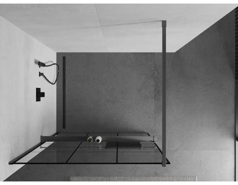 Mexen Kioto+, sprchová zástěna Walk-In s poličkou a věšákem 120 x 200 cm, 8mm čiré sklo černý vzor, grafitový profil, 800-120-121-66-77
