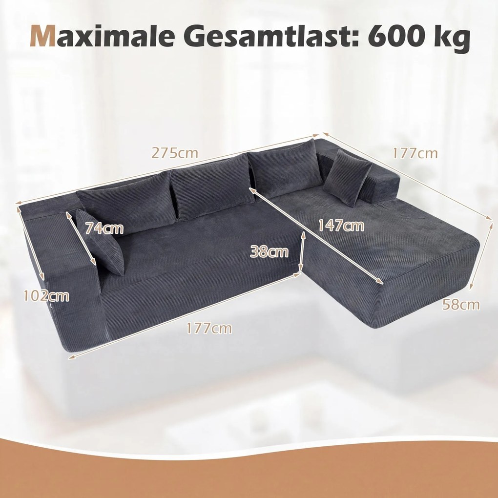 Costway Modulární pohovka ve tvaru L pro 4 osob s lenoškou do 600 kg nosnost