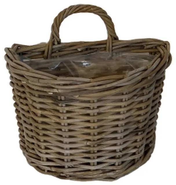 Nástěnný ratanový květináč s uchem šedá patina - 37*25*25/32 cm