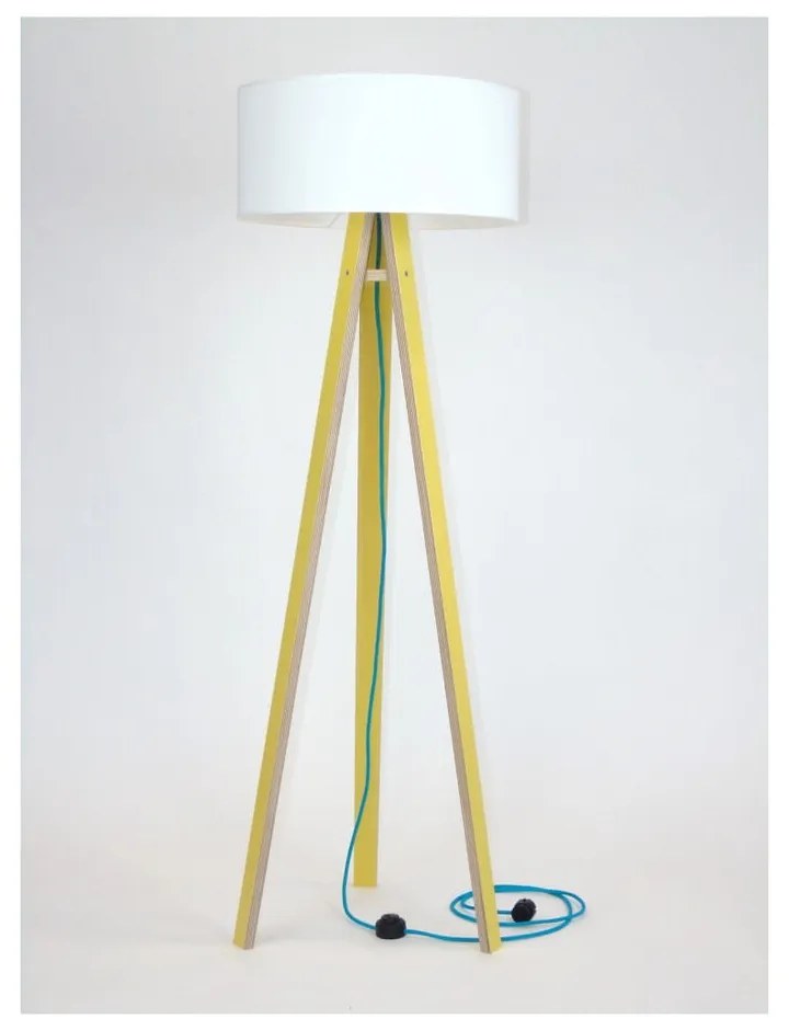 Žlutá stojací lampa s bílým stínítkem a tyrkysovým kabelem Ragaba Wanda