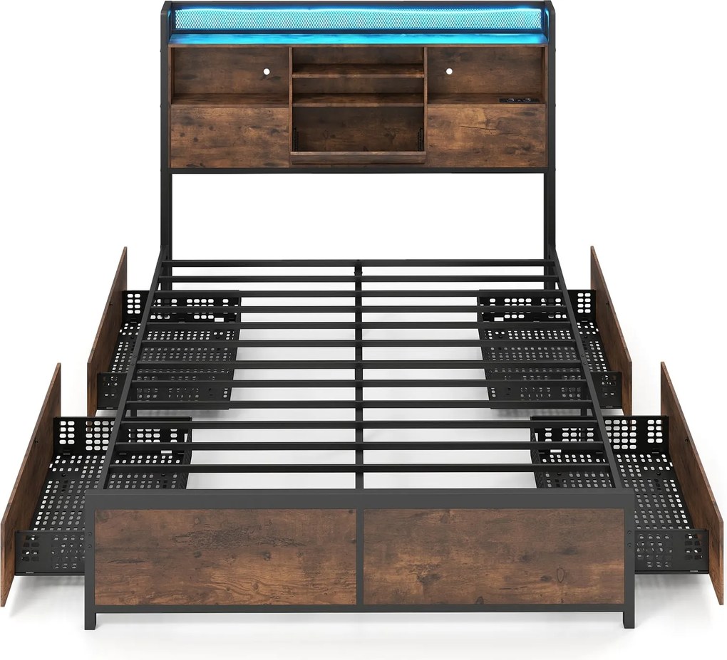 Costway Rám postele s LED osvětlením a nabíjecí stanicí rustikálně, 200 x 140 cm
